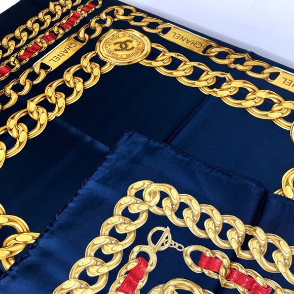 CHANEL | Accessories | Authentic Chanel Silk Scarf Navy And Gold | Poshmark